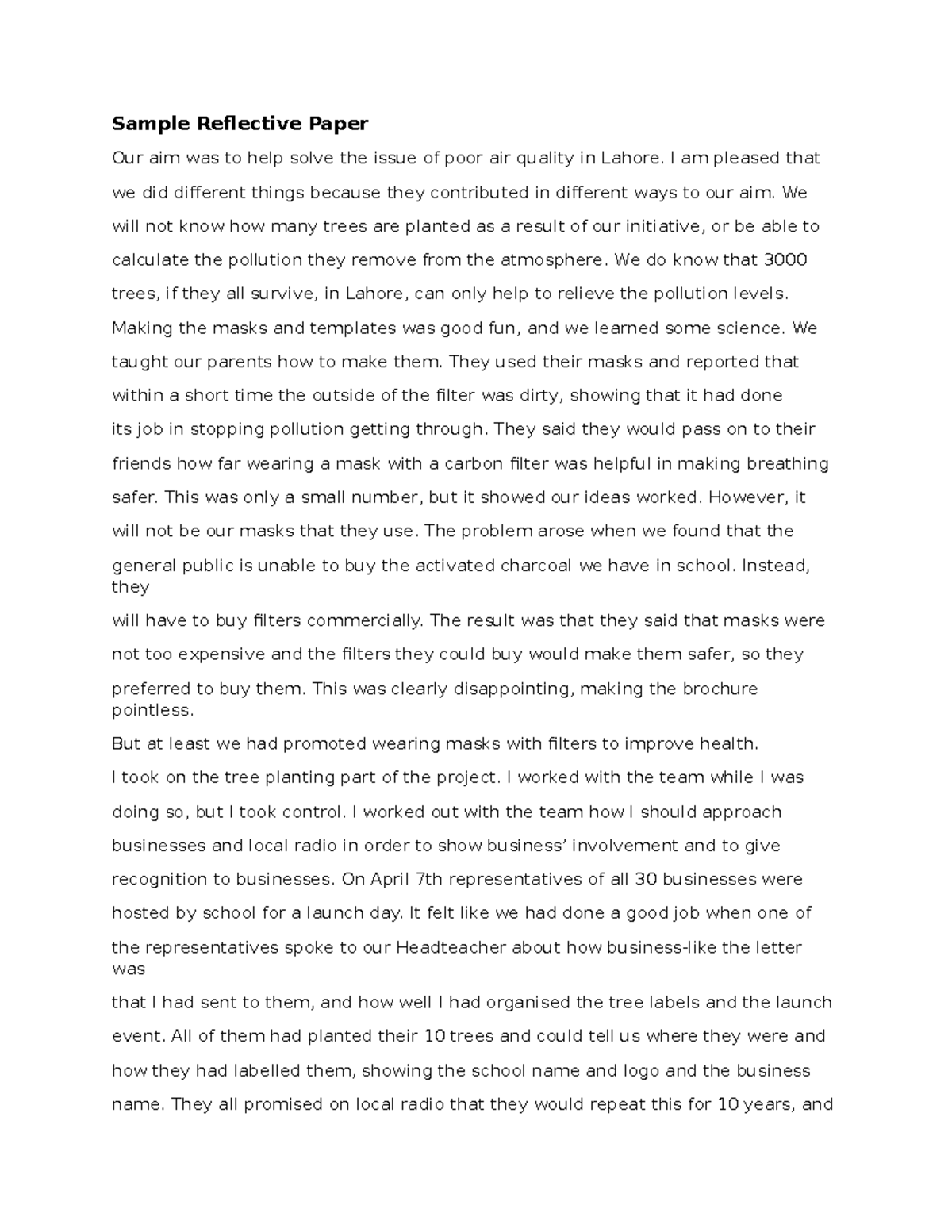 Sample reflective paper for global - Sample Reflective Paper Our aim ...