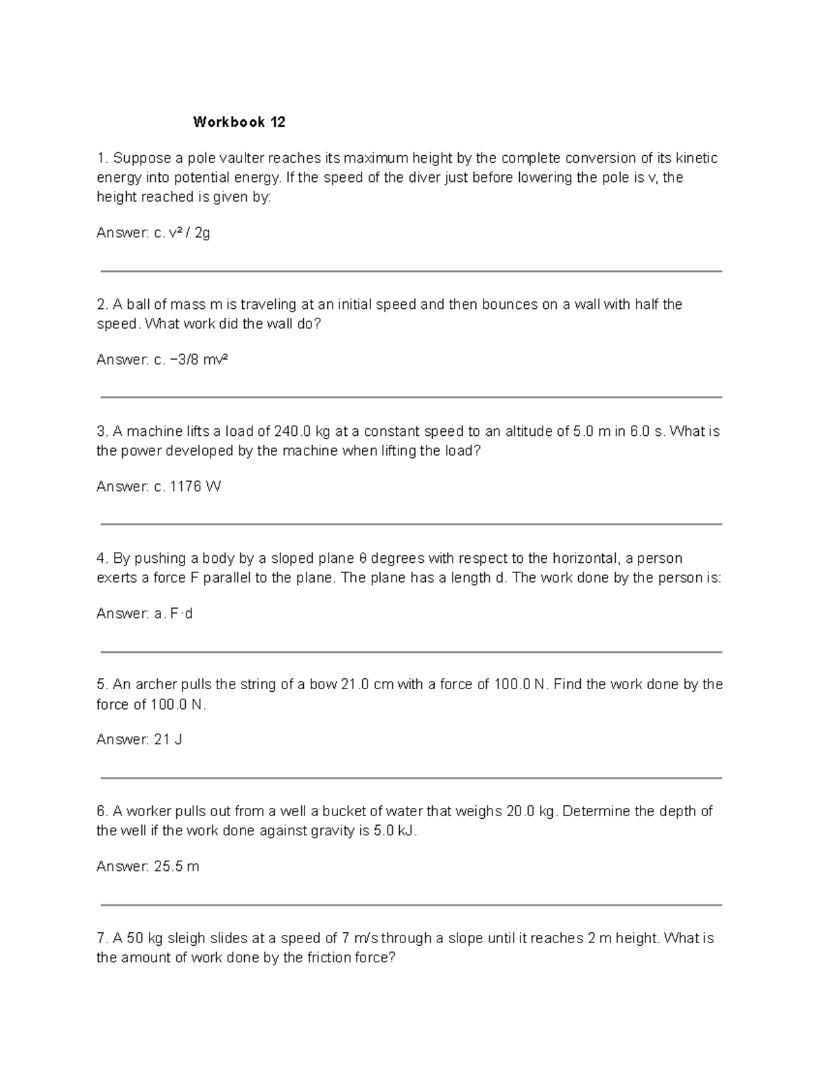 Physics Workbook 12: Energy, Work, and Power Problems - Studocu