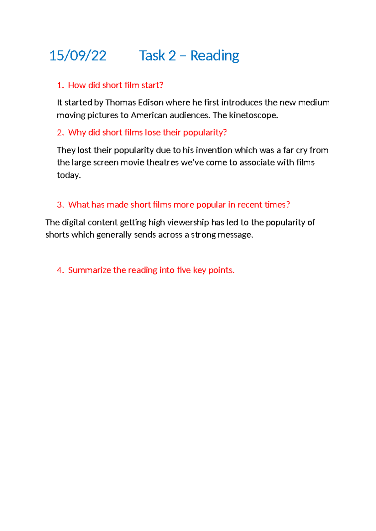 English - A Short History of Short Films - 15/09/22 Task 2 – Reading 1 ...
