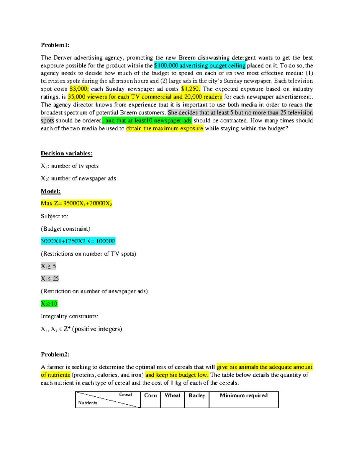 Tutorial 1 Solutions: Linear Programming Problems and Models - Studocu