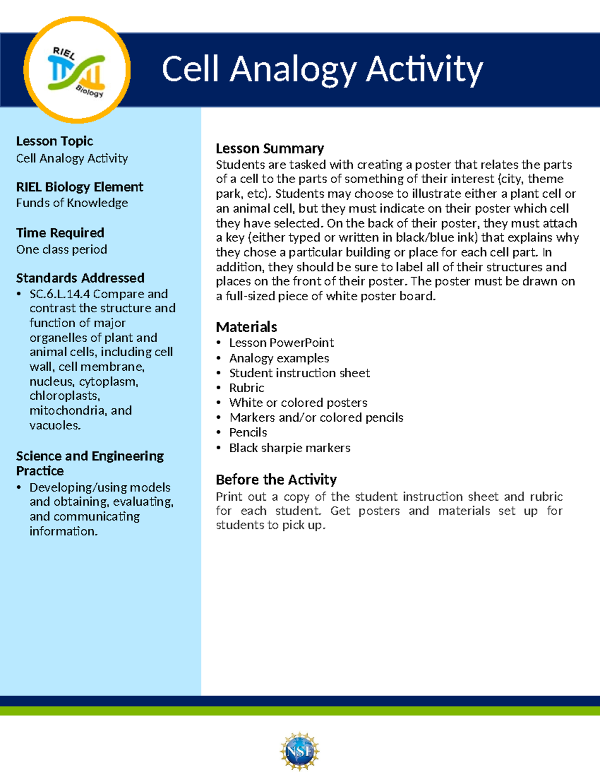 Cell-Analogy-Activity - Cell Analogy Activity Lesson Topic Cell Analogy ...