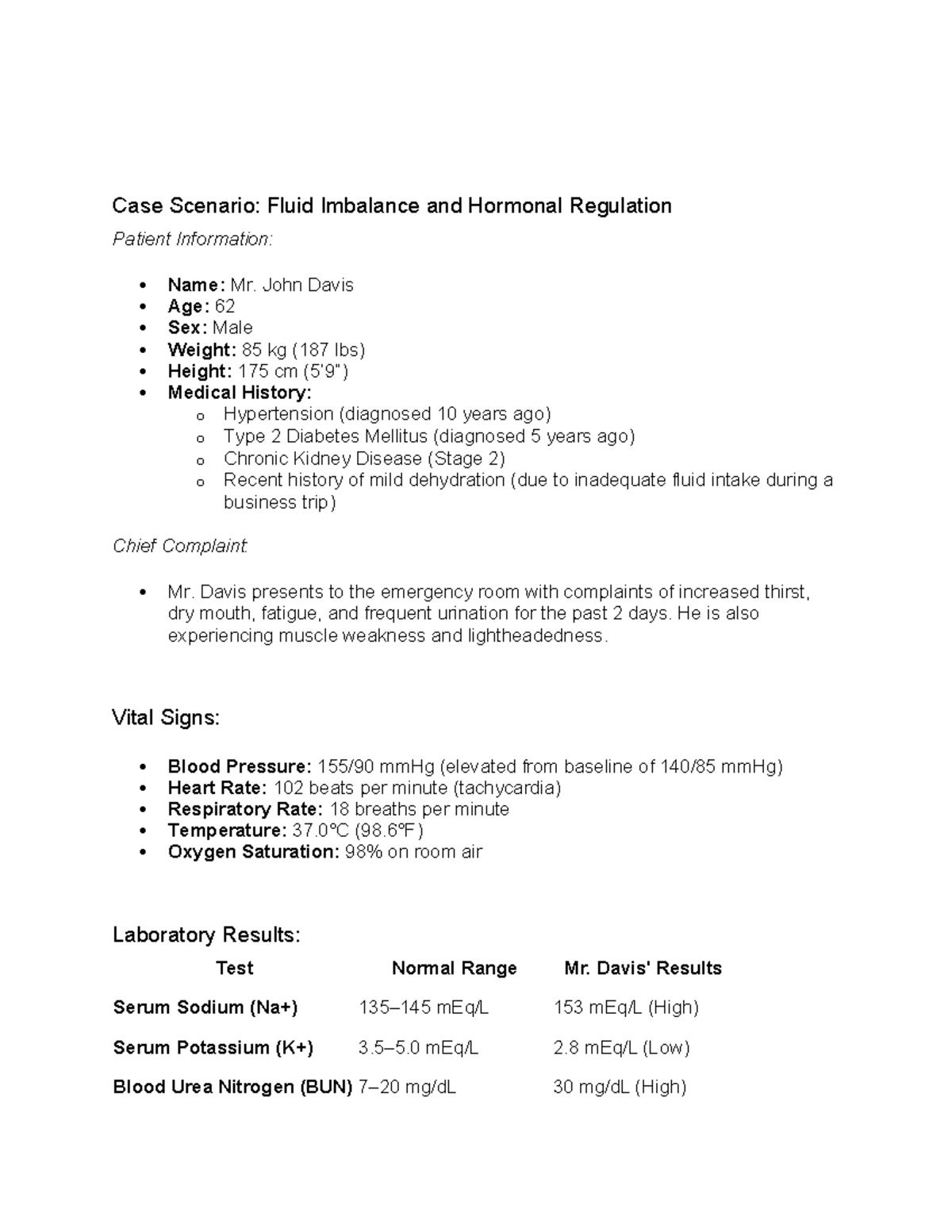 Case Study: Fluid Imbalance & Hormonal Regulation (Patient Mr. Davis ...