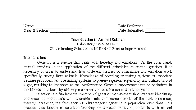 Animal Science Lab Exercise No. 7: Understanding Genetic Selection ...