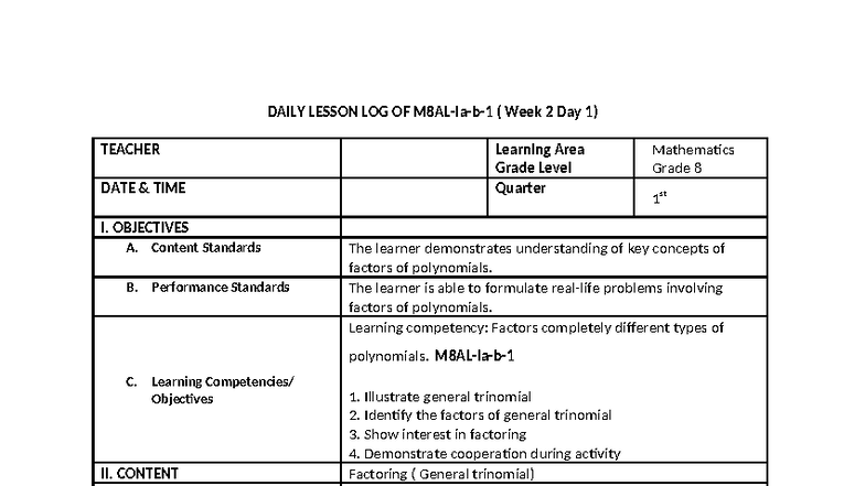 DAILY LESSON LOG: FACTORING GENERAL TRINOMIALS (Math 8, Week 2) - Studocu