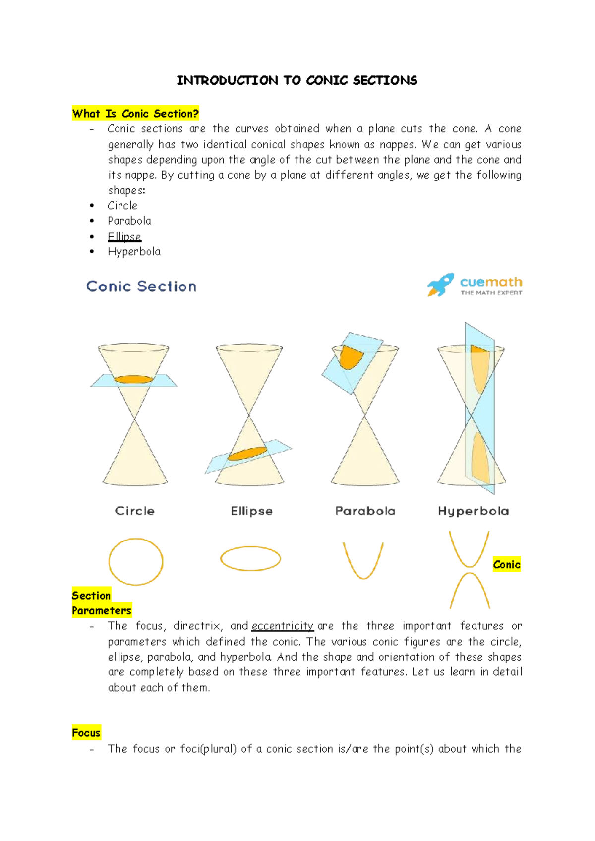 MATH 101: Introduction to Conic Sections and Their Parameters - Studocu