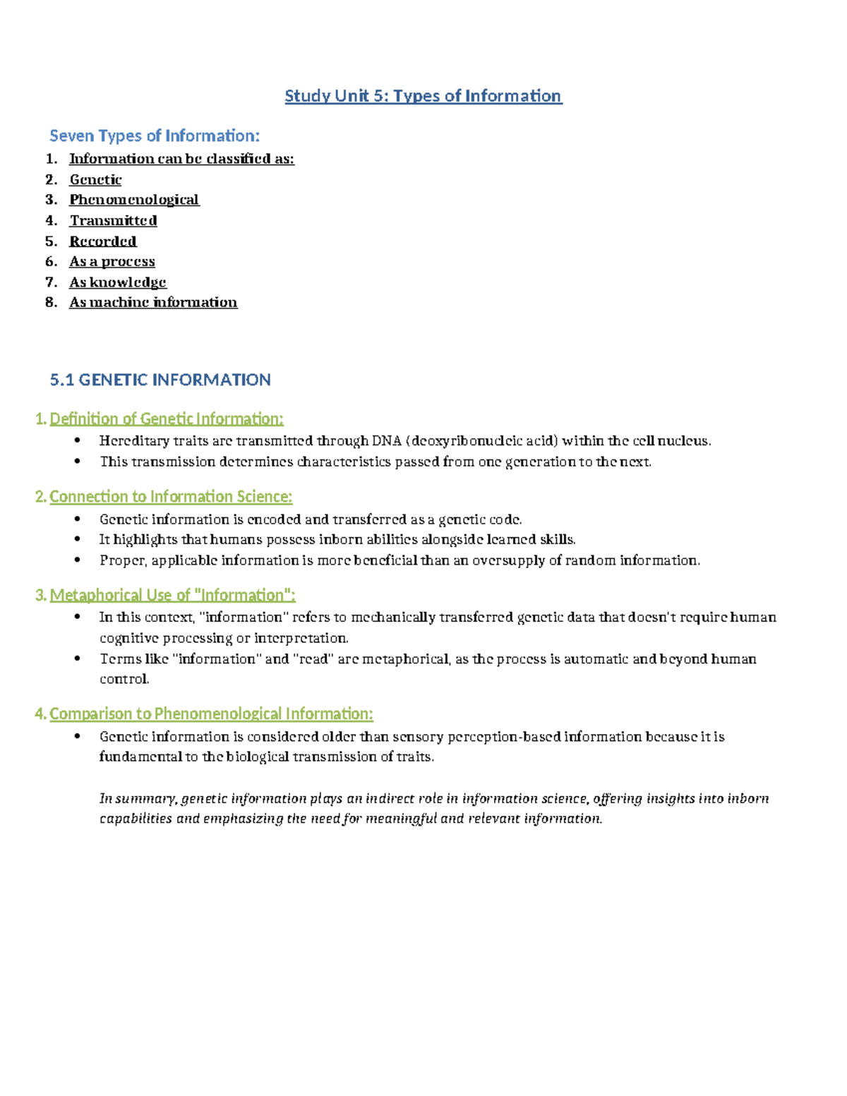 Study Unit 5: Types of Information in Information Science - Studocu
