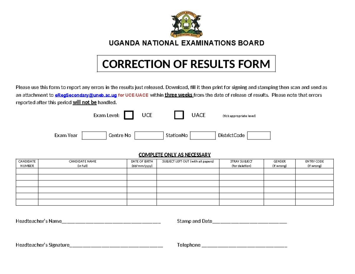 UCE/UACE 2023 Correction of Results Form Instructions - Studeersnel