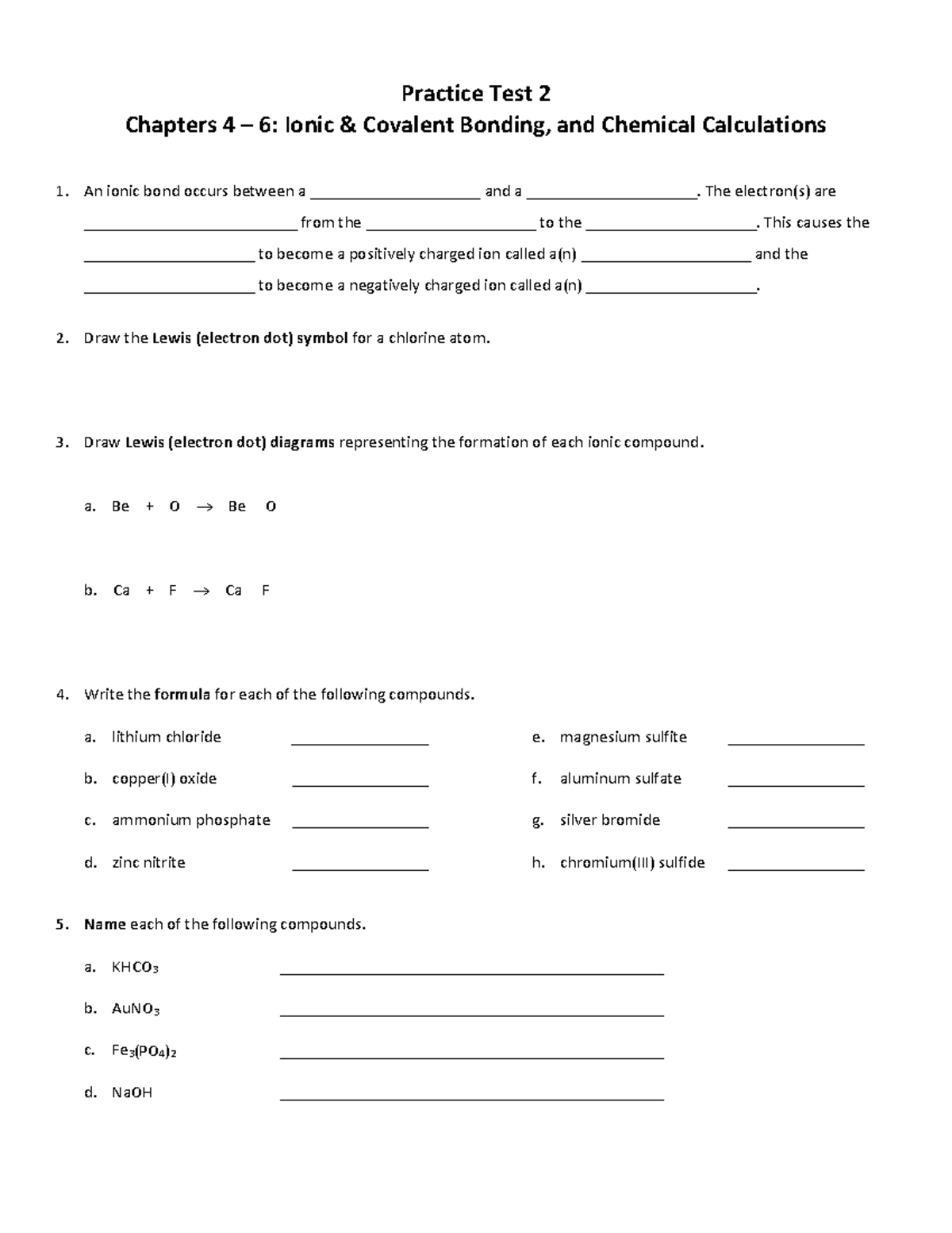 Practice Test 2: Ionic & Covalent Bonding, Chem Calculations (Ch. 4-6 ...