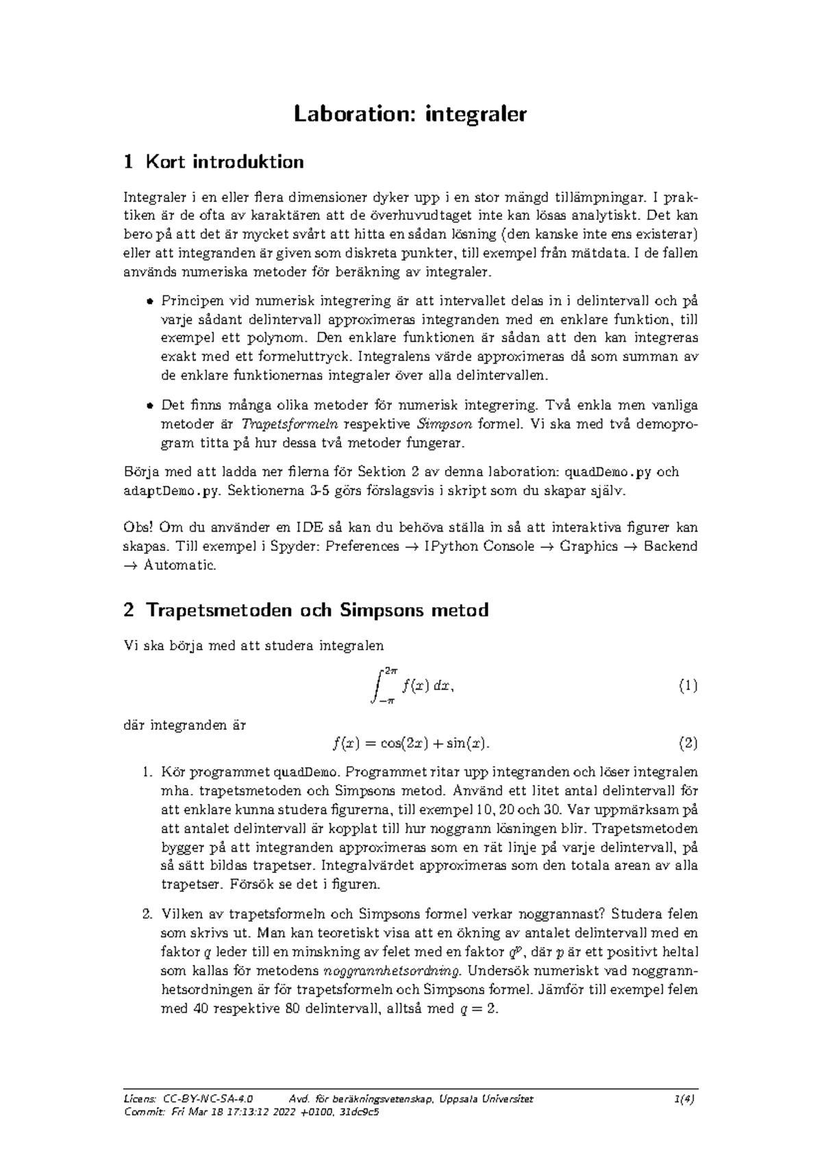 Laborationsinstruktioner för numerisk integrering: Integraler och ...