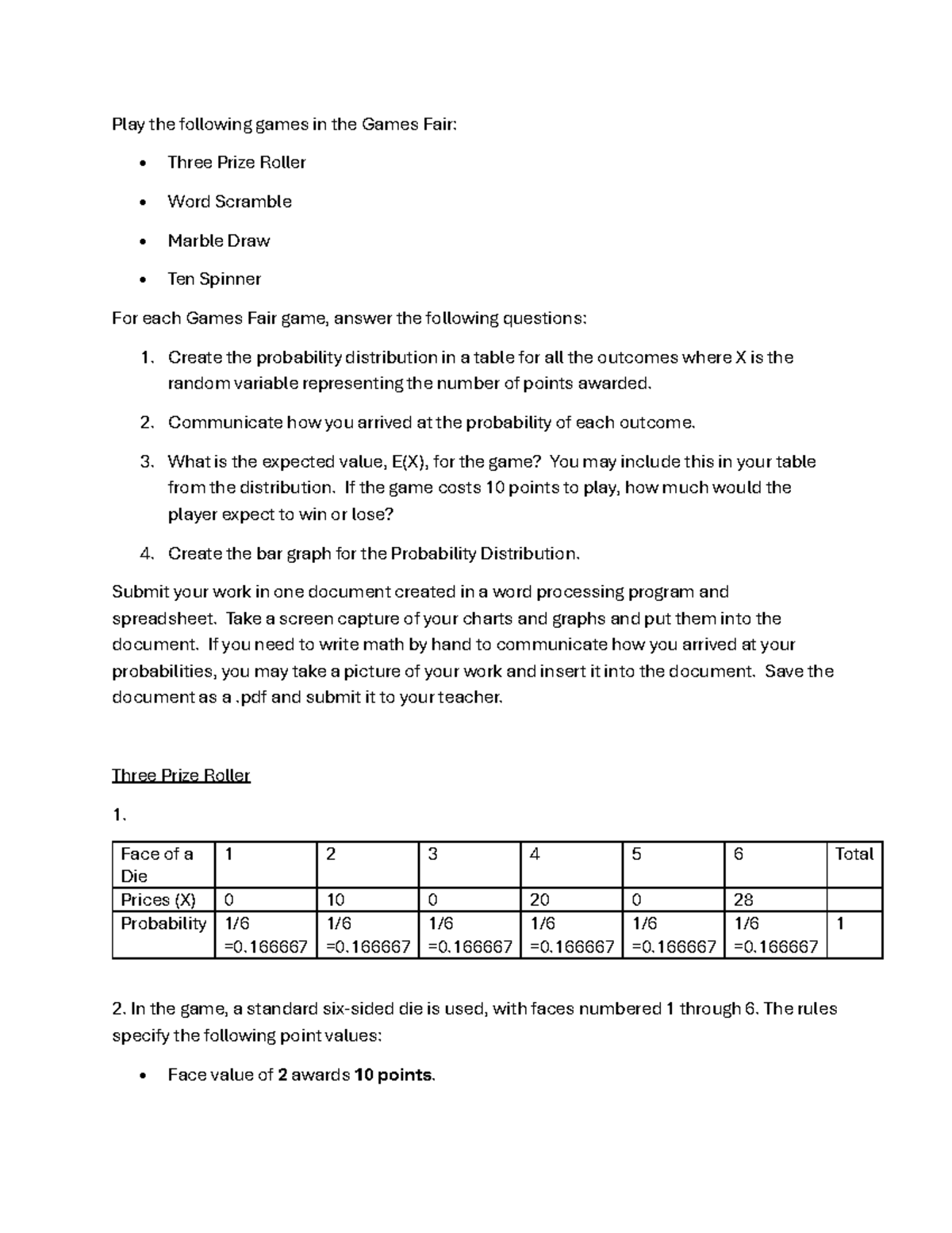 Games Fair Exercise: Probability Distributions & Expected Values Analysis - Studocu