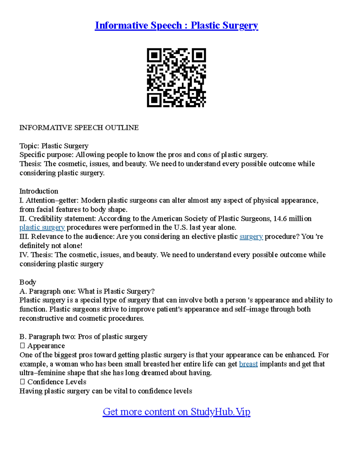 Argumentative Essay: Pros and Cons of Plastic Surgery - Studocu