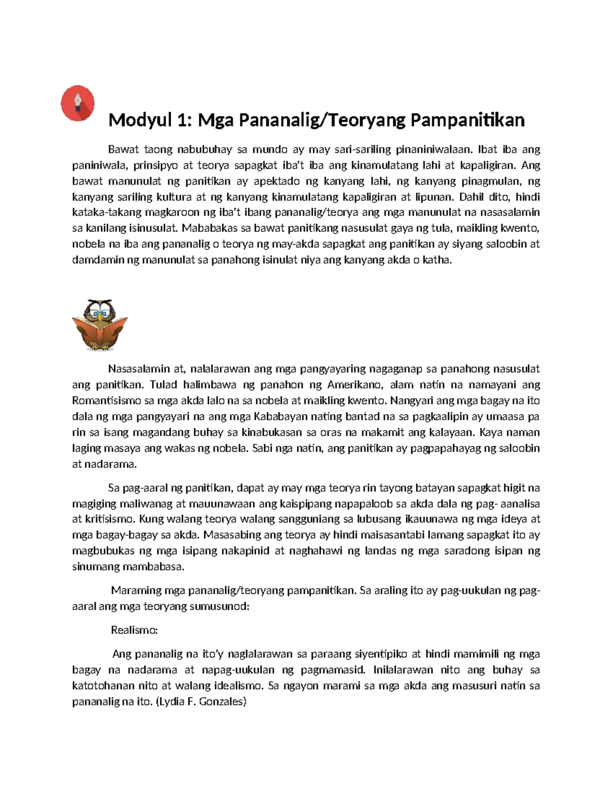 Modyul sa Mga Pananalig Teoryang Pampanitikan - Modyul 1: Mga Pananalig ...
