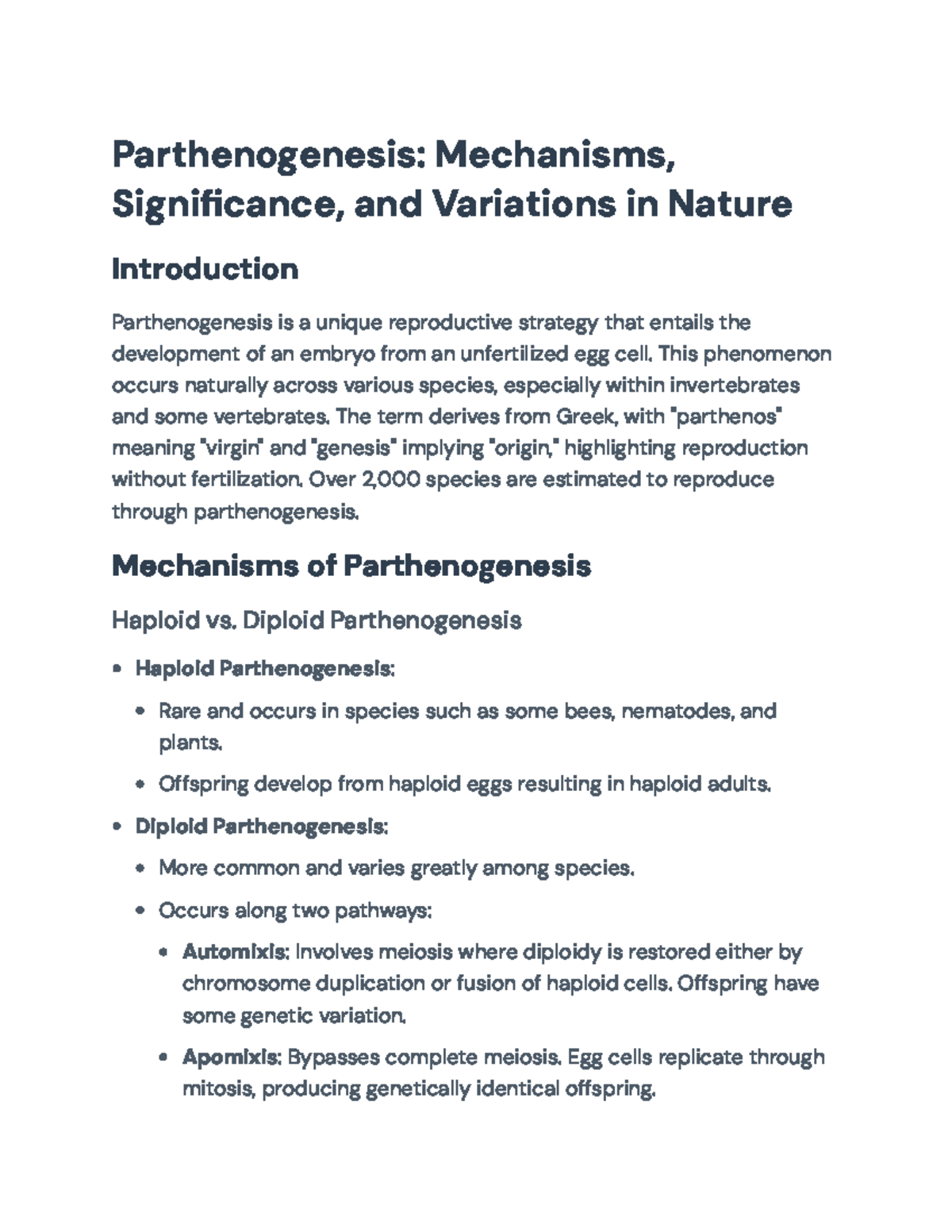 Parthenogenesis: Mechanisms, Significance, and Variations in Nature ...