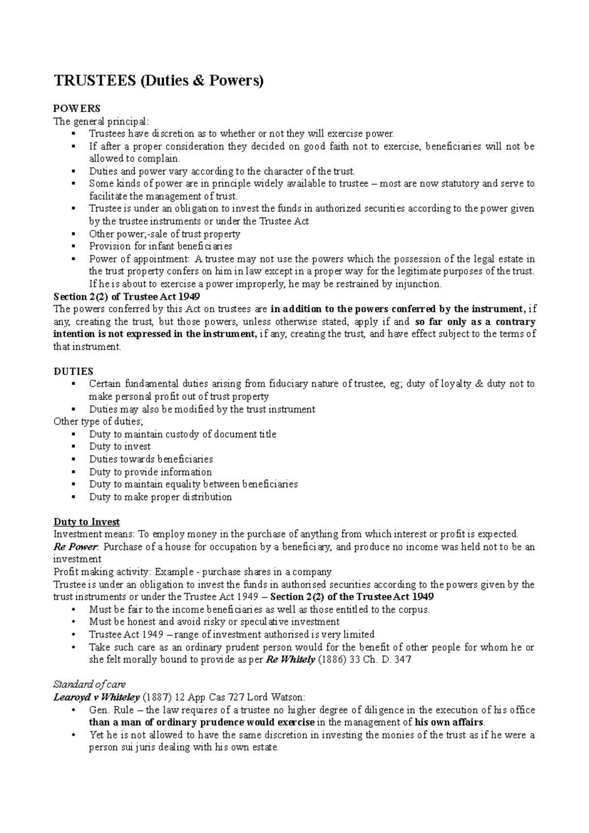 Equity and Trusts II - Trustees (Powers and Duties) - TRUSTEES (Duties & Powers) POWERS The ...