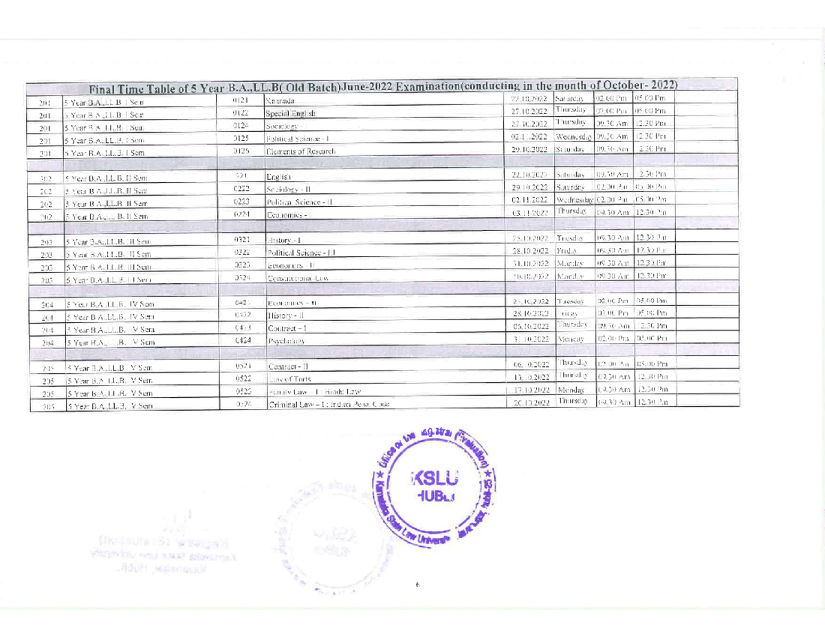 Final Time Table for 5 Year B.A., B.B.A., B.Com., LL.B. - Oct 2022 ...