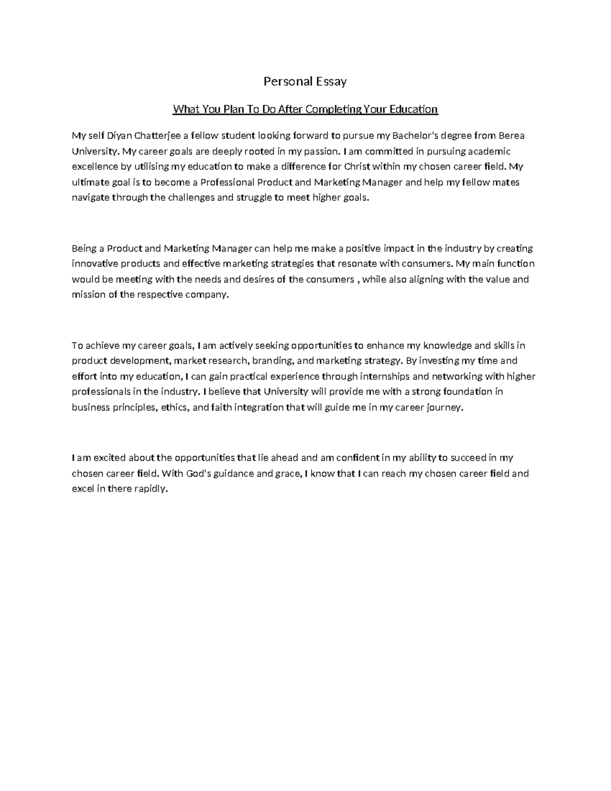 Personal Essay: Career Goals After Education - Berea University - Studocu