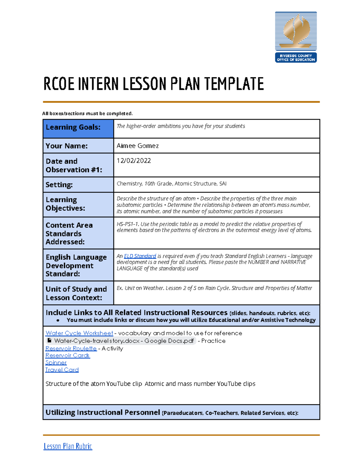 Copy of RCOE Intern Lesson PLAN Template - RCOE INTERN L SON PLAN ...