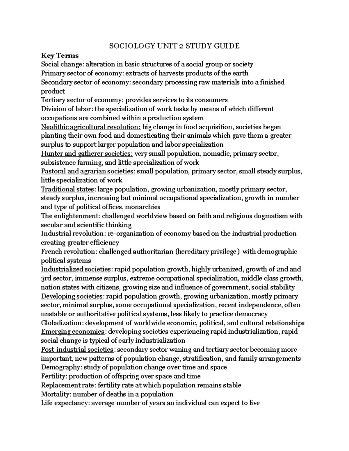 Sociology SOC 101 UNIT 2 Study Guide: Key Concepts & Terms - Studocu
