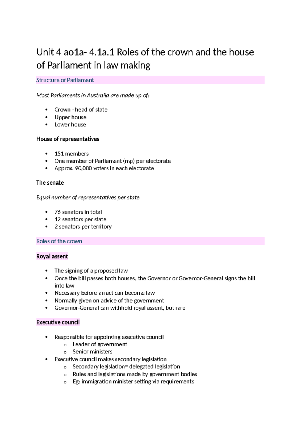 Unit 4 4.1a.1 Roles of the Crown and Parliament in Law-Making: Key ...