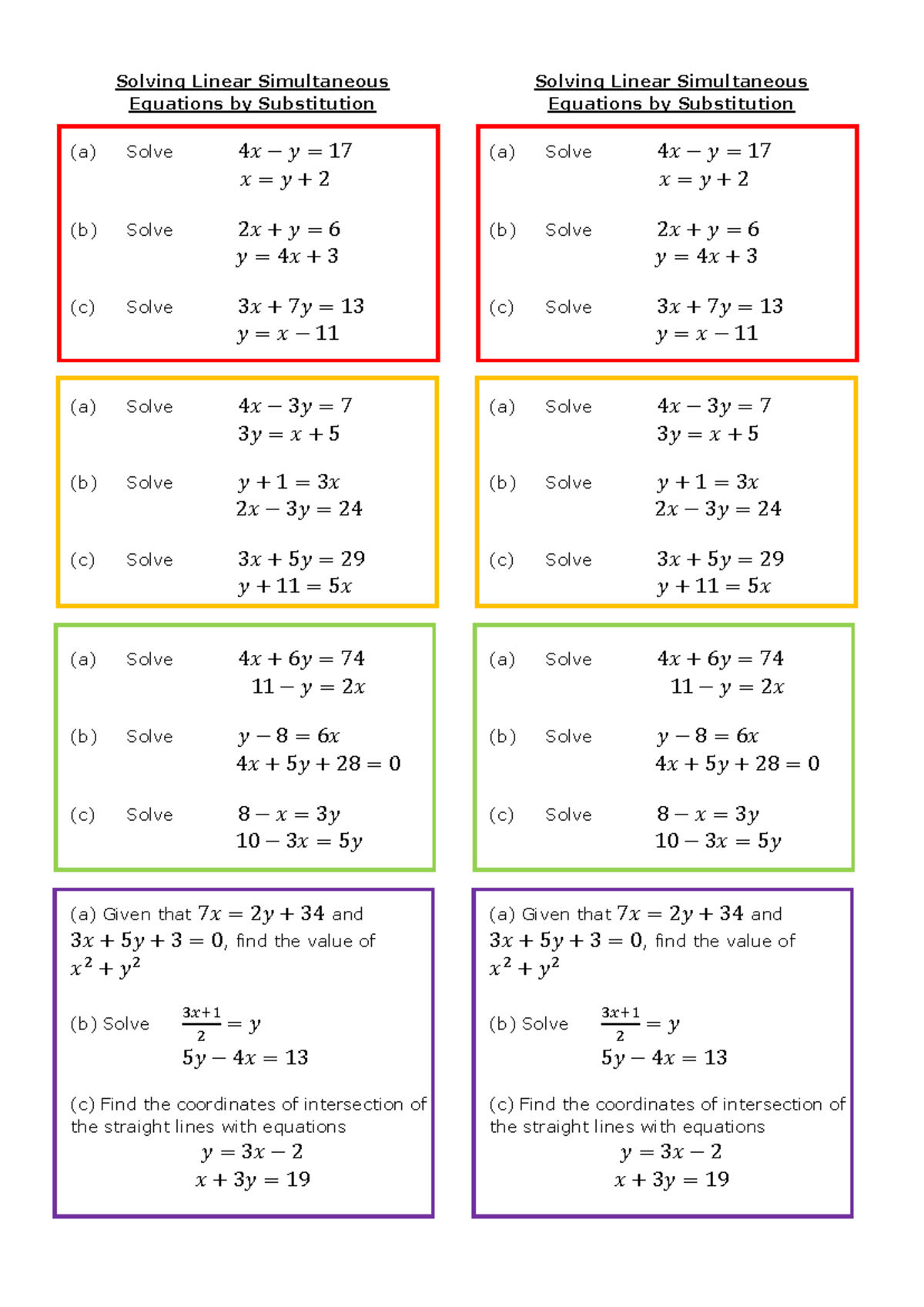 Linear Simultaneous Equations: Substitution Practice (Math 101) - Studocu