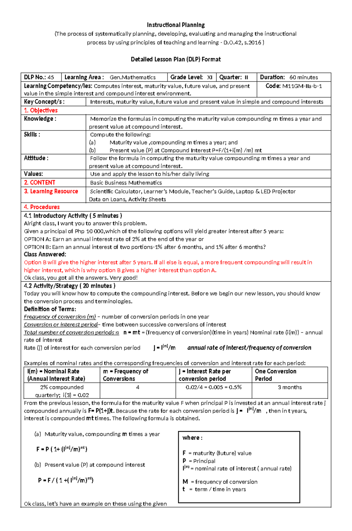 GM-Q2-DAY45: Detailed Lesson Plan on Compounding Interest in Gen ...