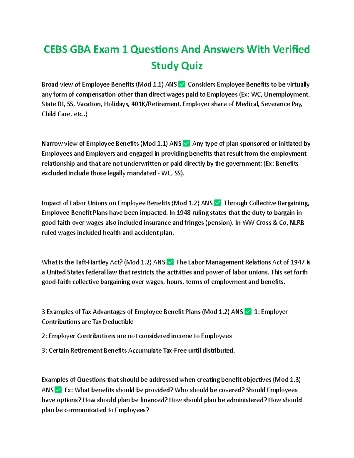 CEBS GBA Exam 1: Employee Benefits Overview and Study Quiz Insights ...