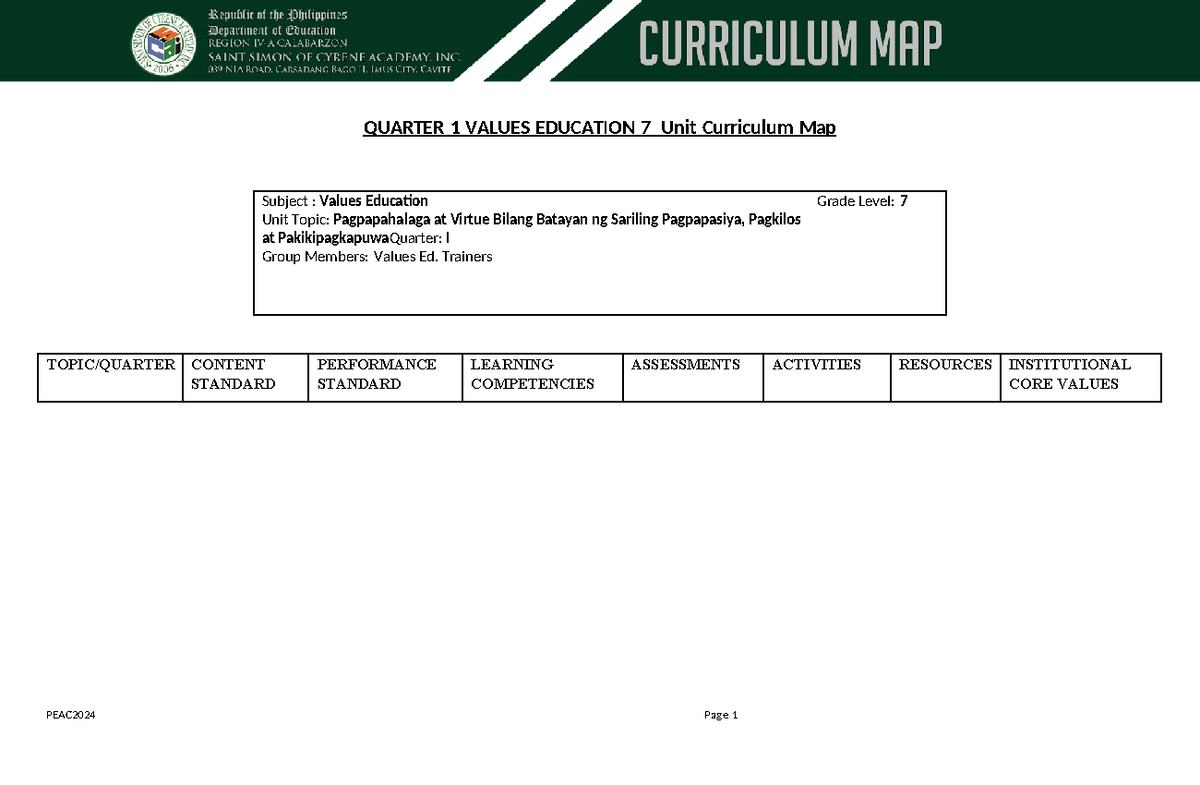 Values-ED-7 Q1 Curriculum-MAP- Learning-PLAN - Subject : Values ...