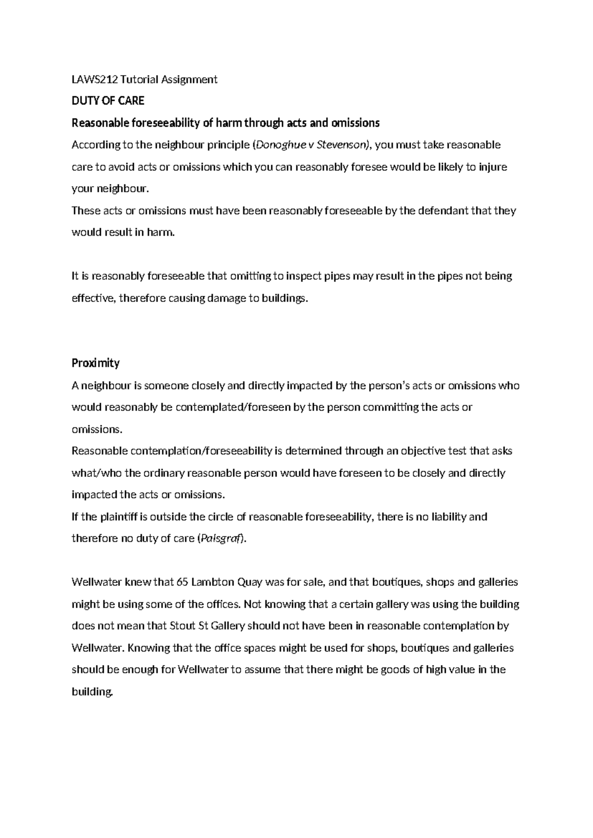 LAWS212 Tutorial Assignment: Duty of Care and Breach Analysis - Studocu