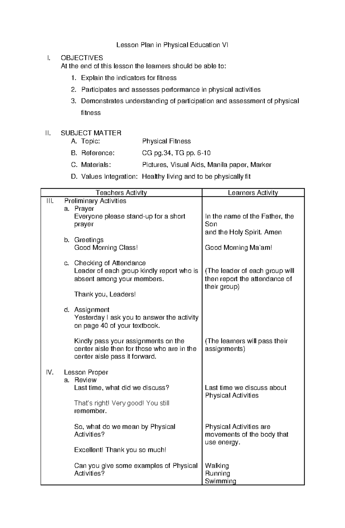 Detailed Lesson Plan on Physical Education for Grade 6 (PE 6) - Studocu