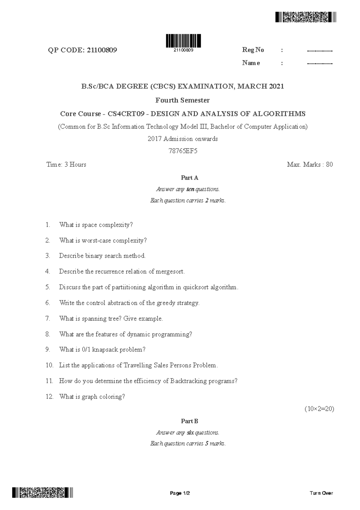 BCA CS4CRT09 - Design and Analysis of Algorithms - March 2021 QP - Studocu