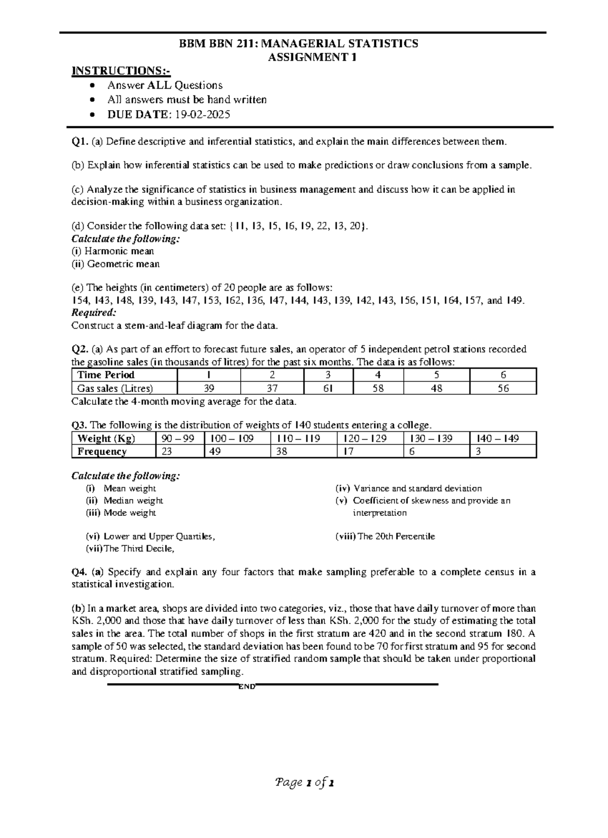 BBM 211 Managerial Statistics Assignment 1, Due 19-02-2025 - Studocu