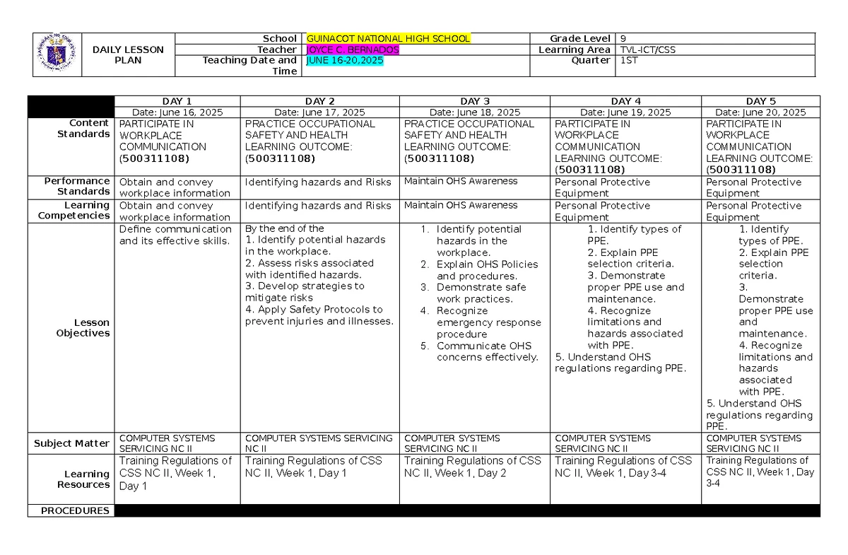 Computer Hardware Servicing NC II Course Overview and Guidelines - Studocu