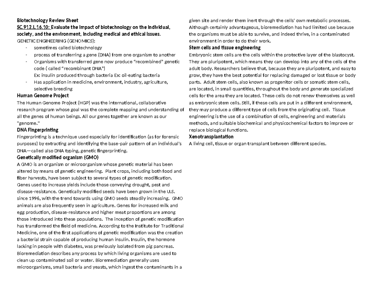 Biotechnology Review Sheet SC.912.L.16.10: Impacts on Society ...