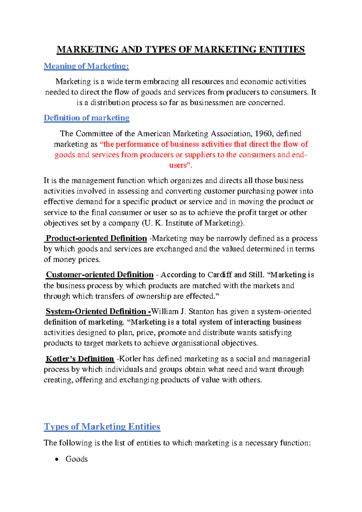 Marketing Concepts and Types of Marketing Entities Overview - Studocu