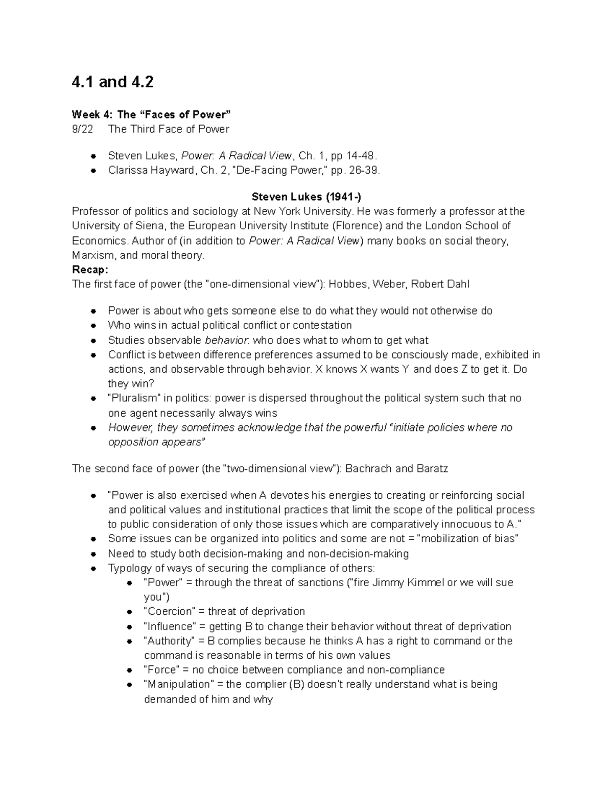 POLISCI 273 - Lecture Notes: Exploring Lukes' Faces of Power - Studocu