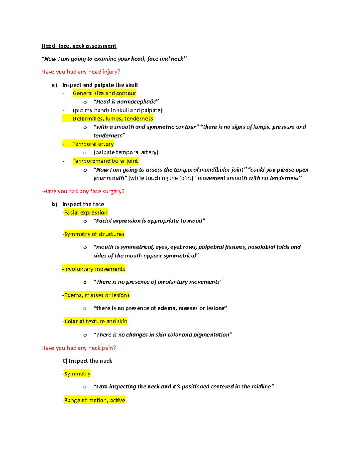 Head, Face, and Neck Assessment Guide (Clinical Skills) - Studocu