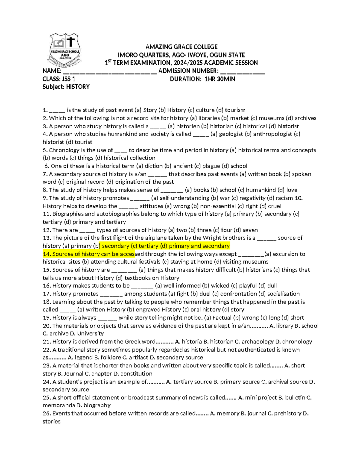 JSS1 History 1st Term Exam Questions and Answers - Studocu
