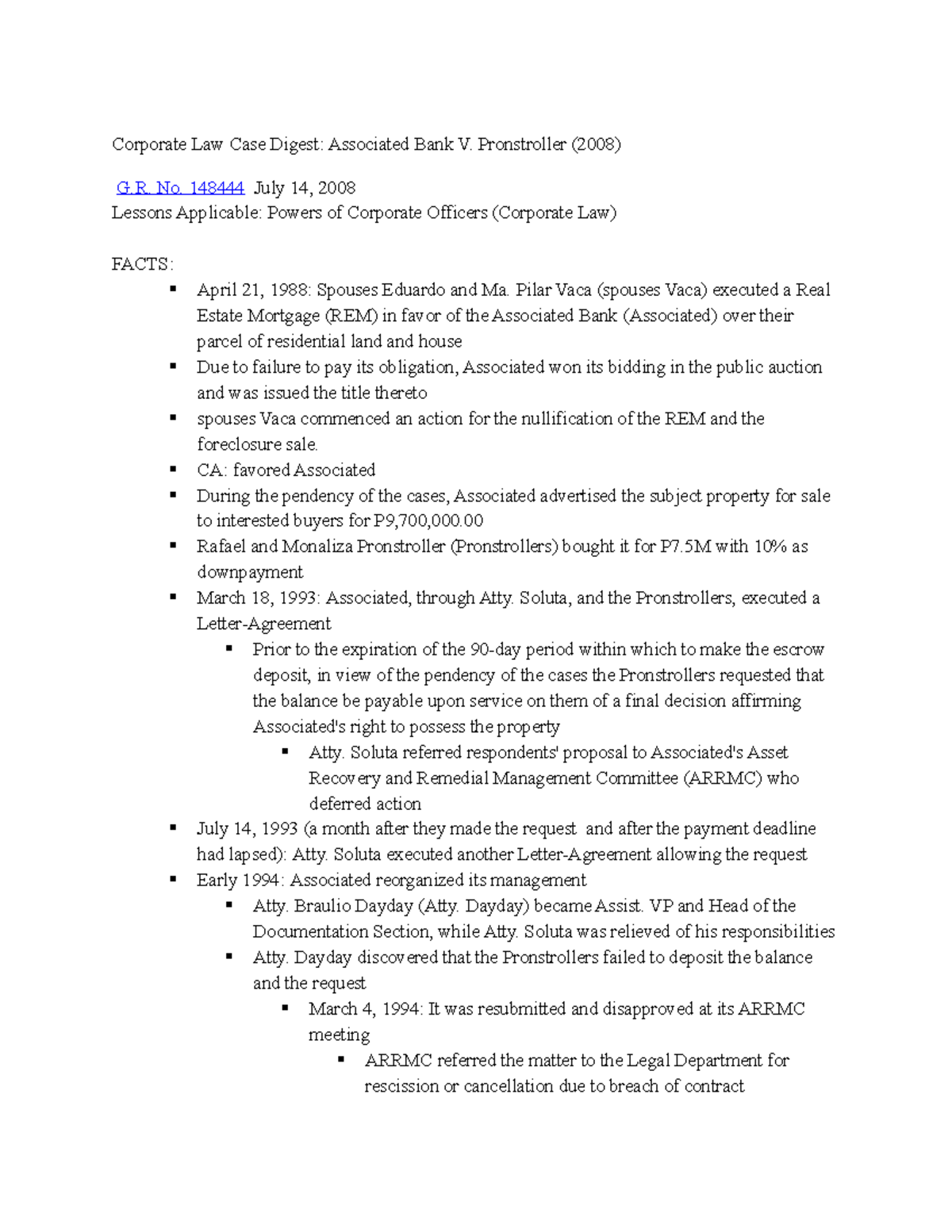 Corporate Law Case Digest - Pronstroller (2008) G. No. 148444 July 14 ...