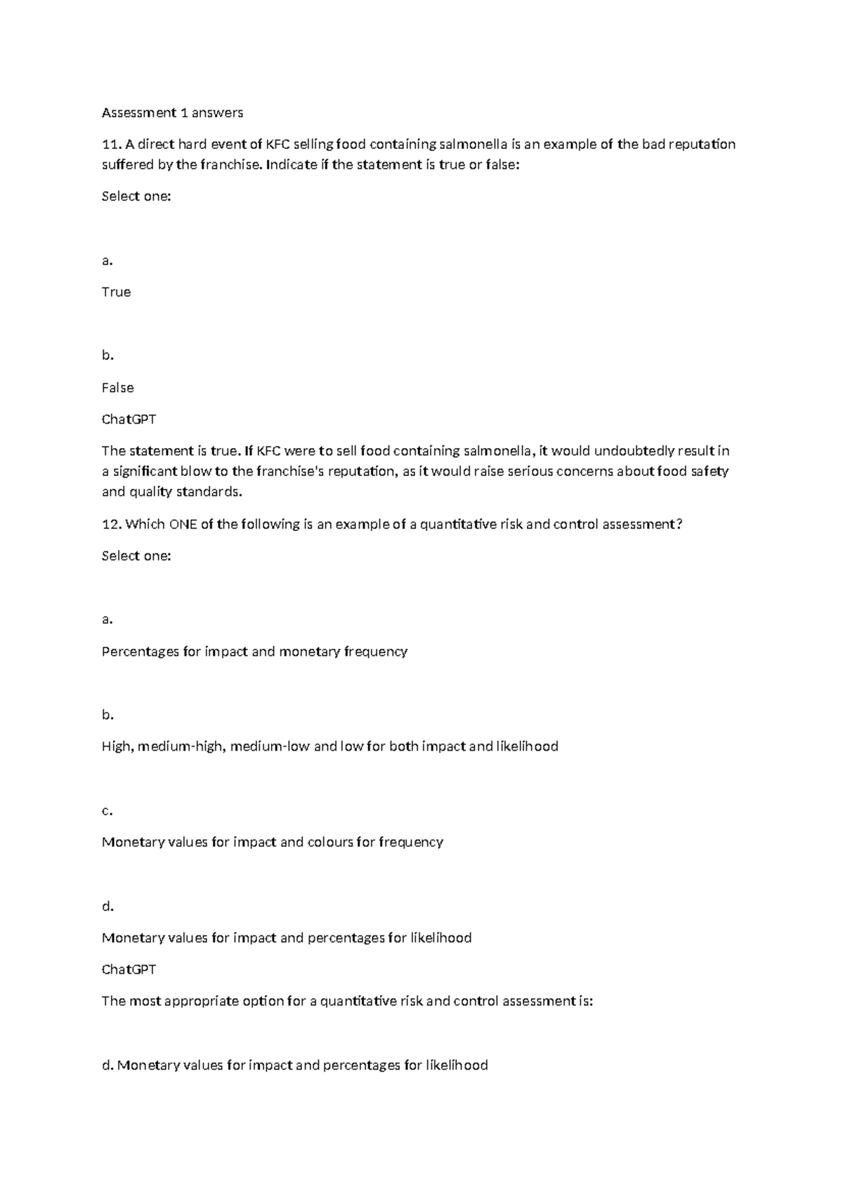 Assessment 1 Answers: Operational Risk Management Insights - Studocu