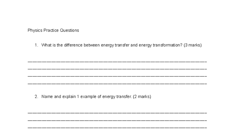 Physics Practice Questions: Energy Transfer vs. Transformation - Studocu