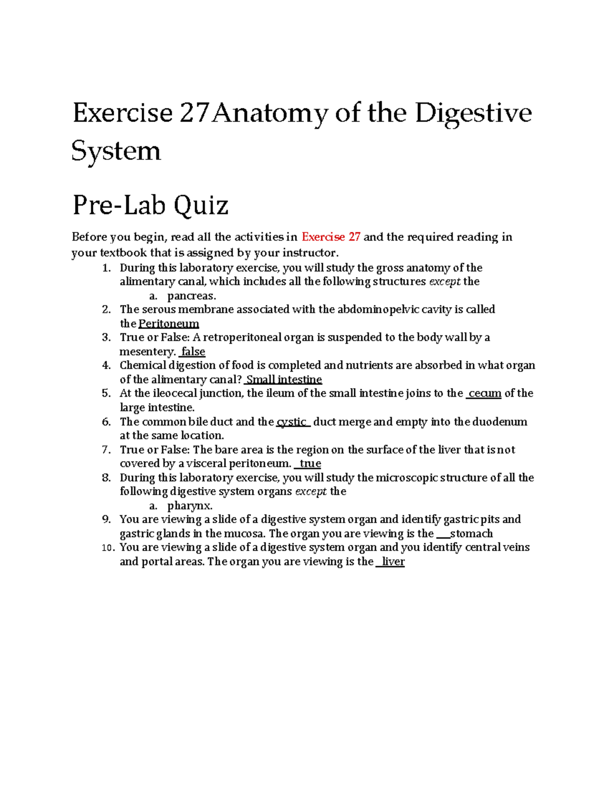 Lab 10 Pre-Lab Quiz on Digestive System Anatomy and Functions - Studocu