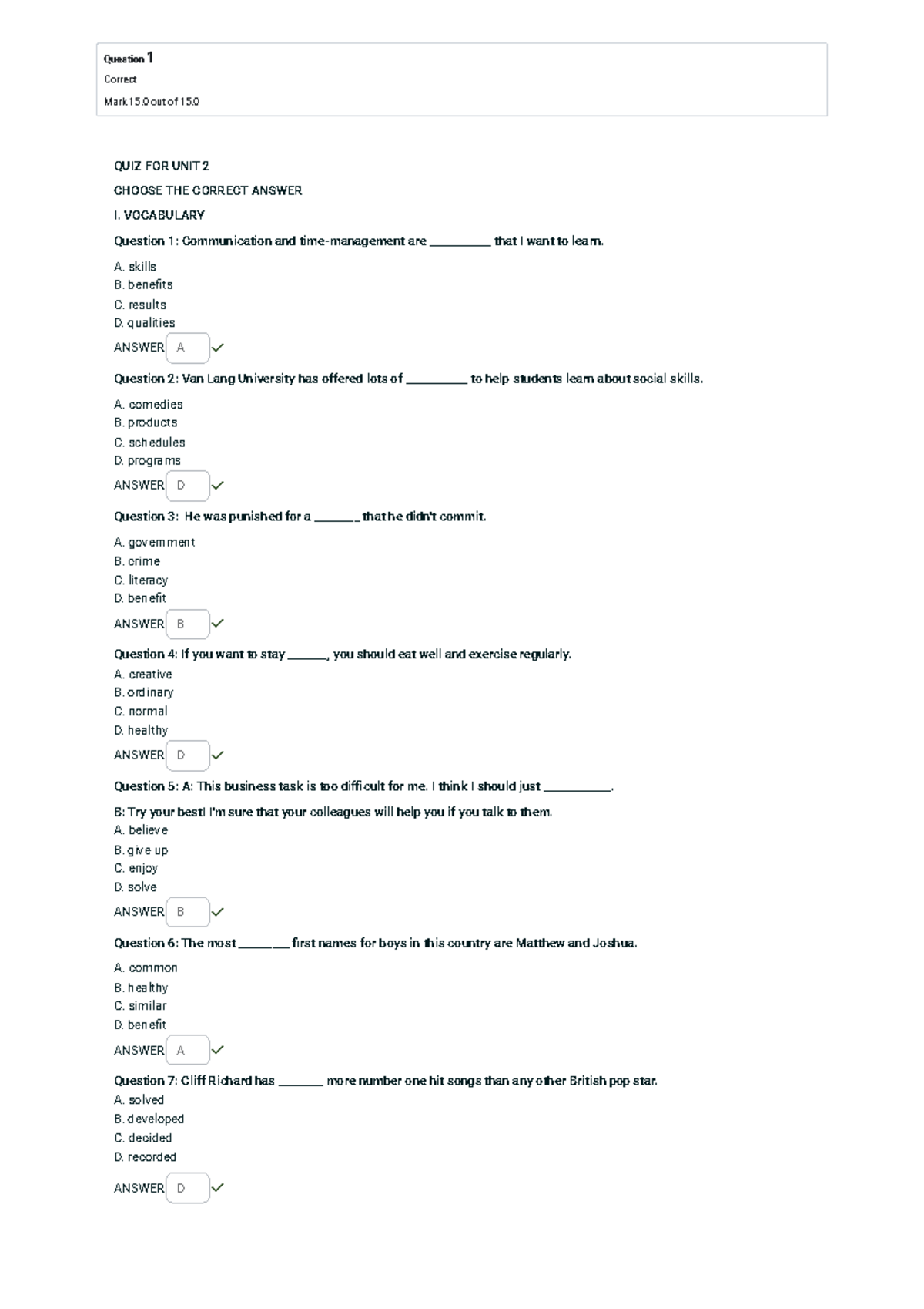 U2. UNIT QUIZ Attempt review - Question Correct Mark 15 out of 15 1 ...