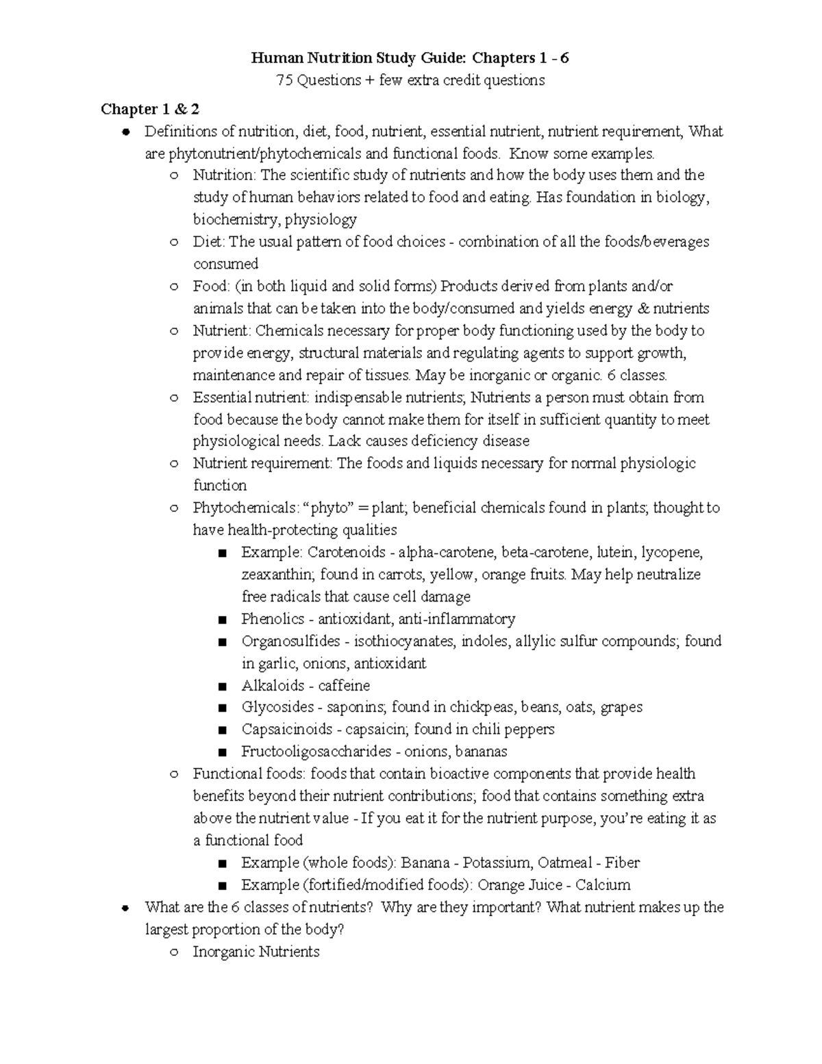 Study Guide for Exam 1 Chapter 1 - 6 - Human Nutrition Study Guide ...