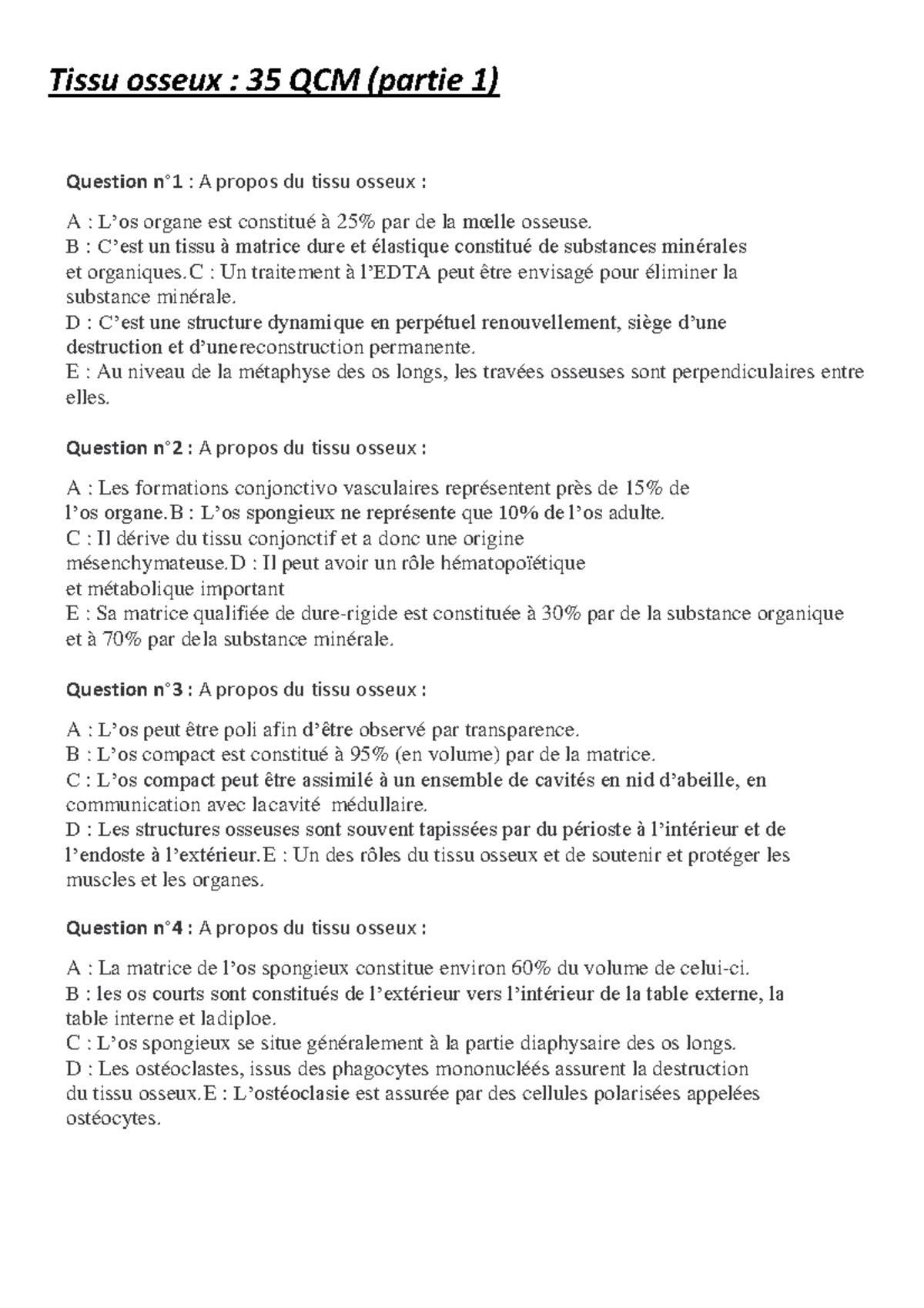 Tissu Osseux QCM 1 - 35 Exercices pour Préparation aux Examens - Studocu