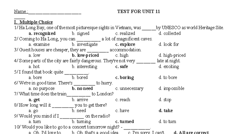 UNIT 11 E8 TEST: Multiple Choice & True/False Questions - Studocu