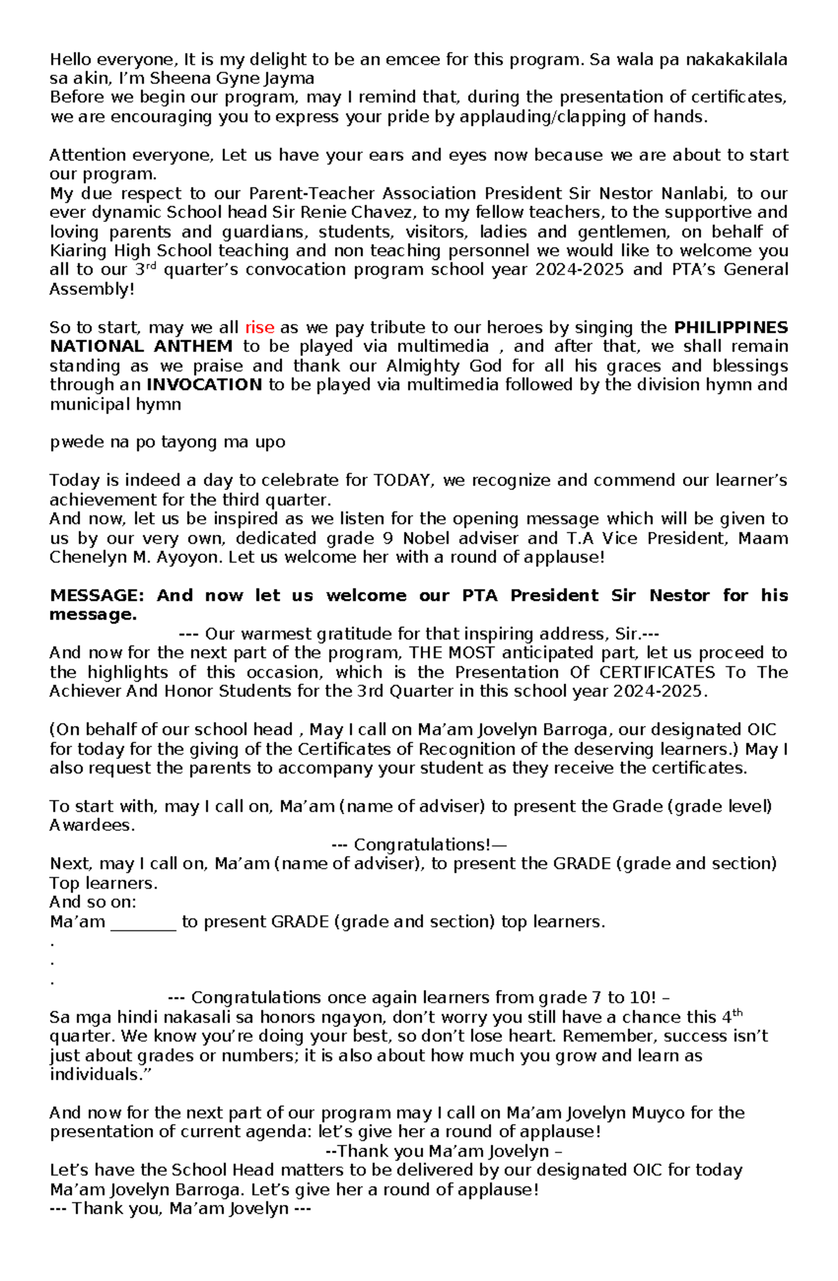 Emcee Script for Convocation & PTA Gen Assembly 2024-2025 - Studocu