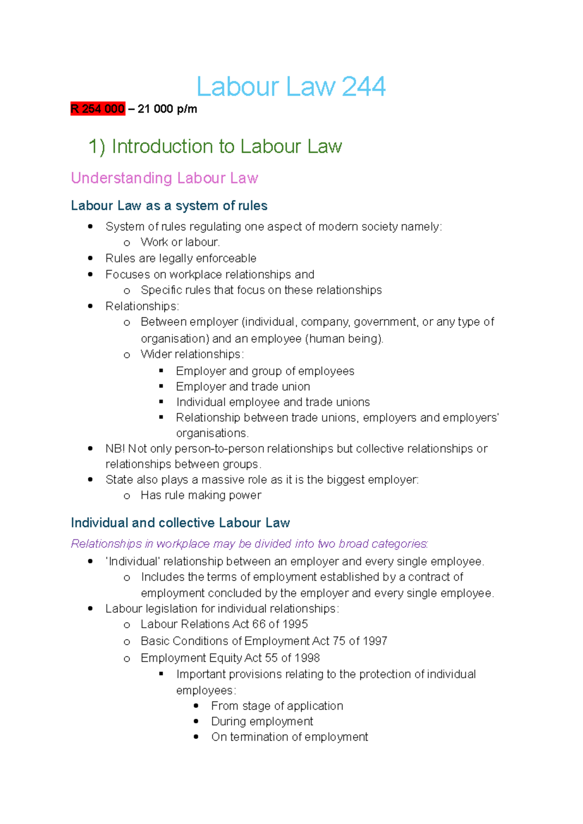 Labour Law 244: Comprehensive Class Notes on Employment Relationships ...
