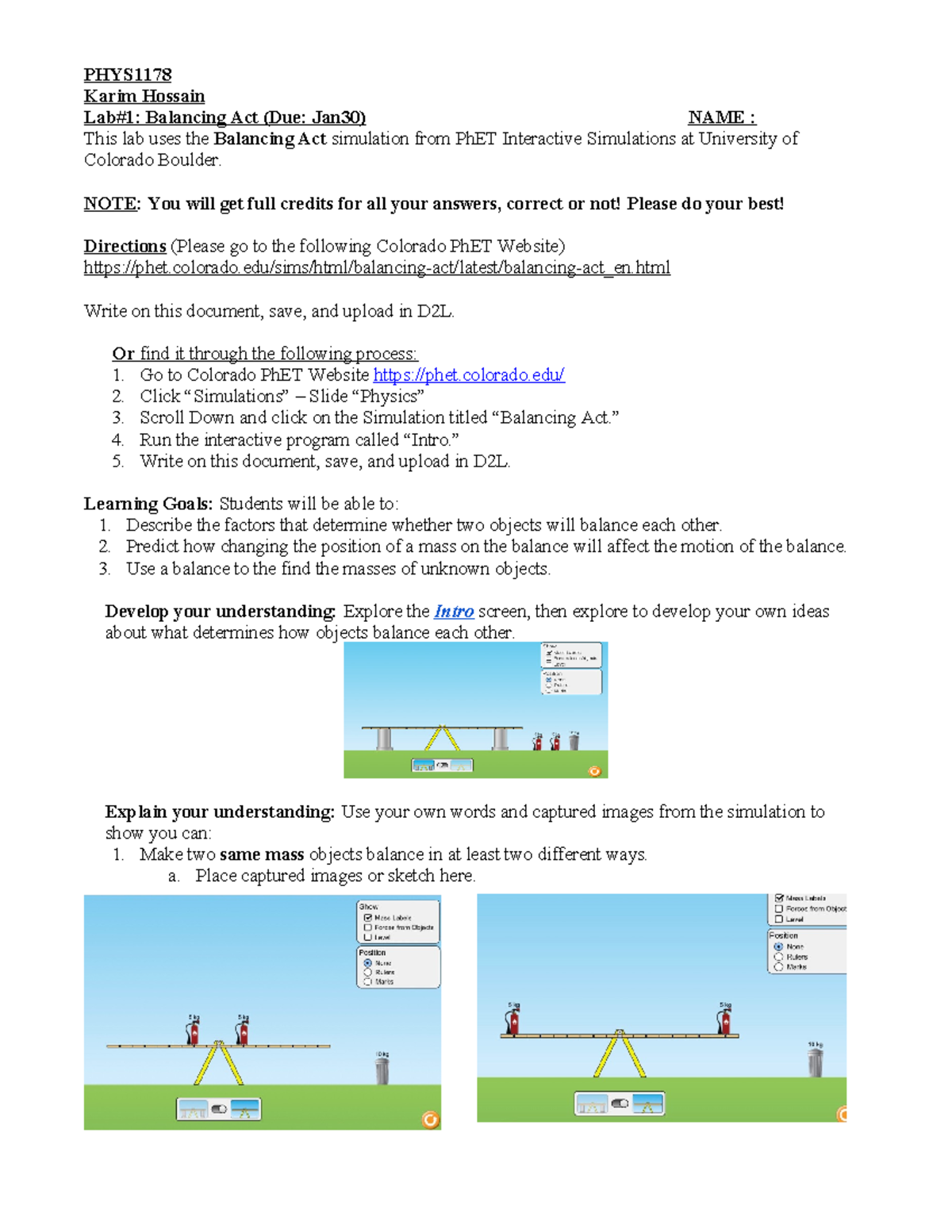 PHYS1178 Lab 3: Exploring Balance with PhET Simulation Activity - Studocu