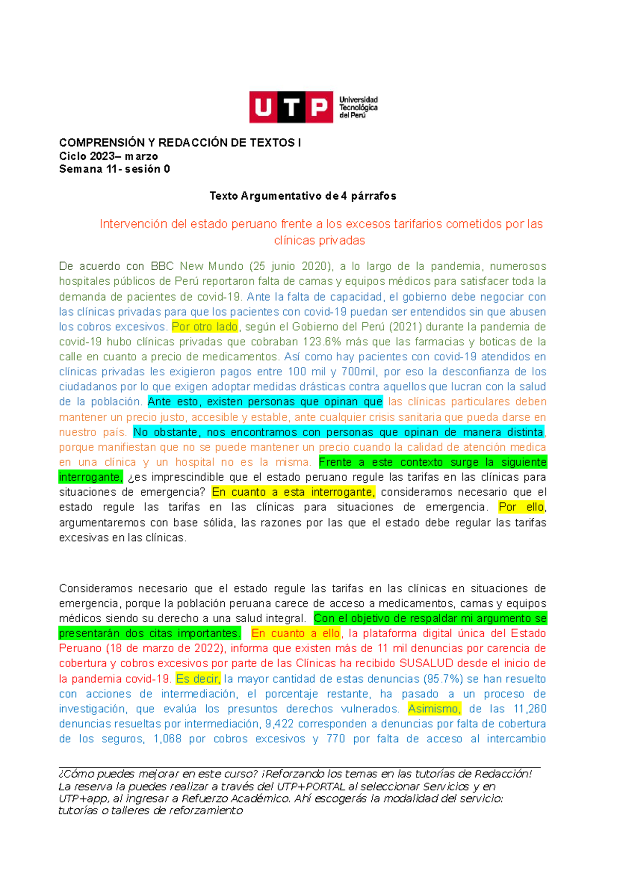 Texto argumentativo - COMPRENSIÓN Y REDACCIÓN DE TEXTOS I Ciclo 2023– marzo Semana 11- sesión 0 ...