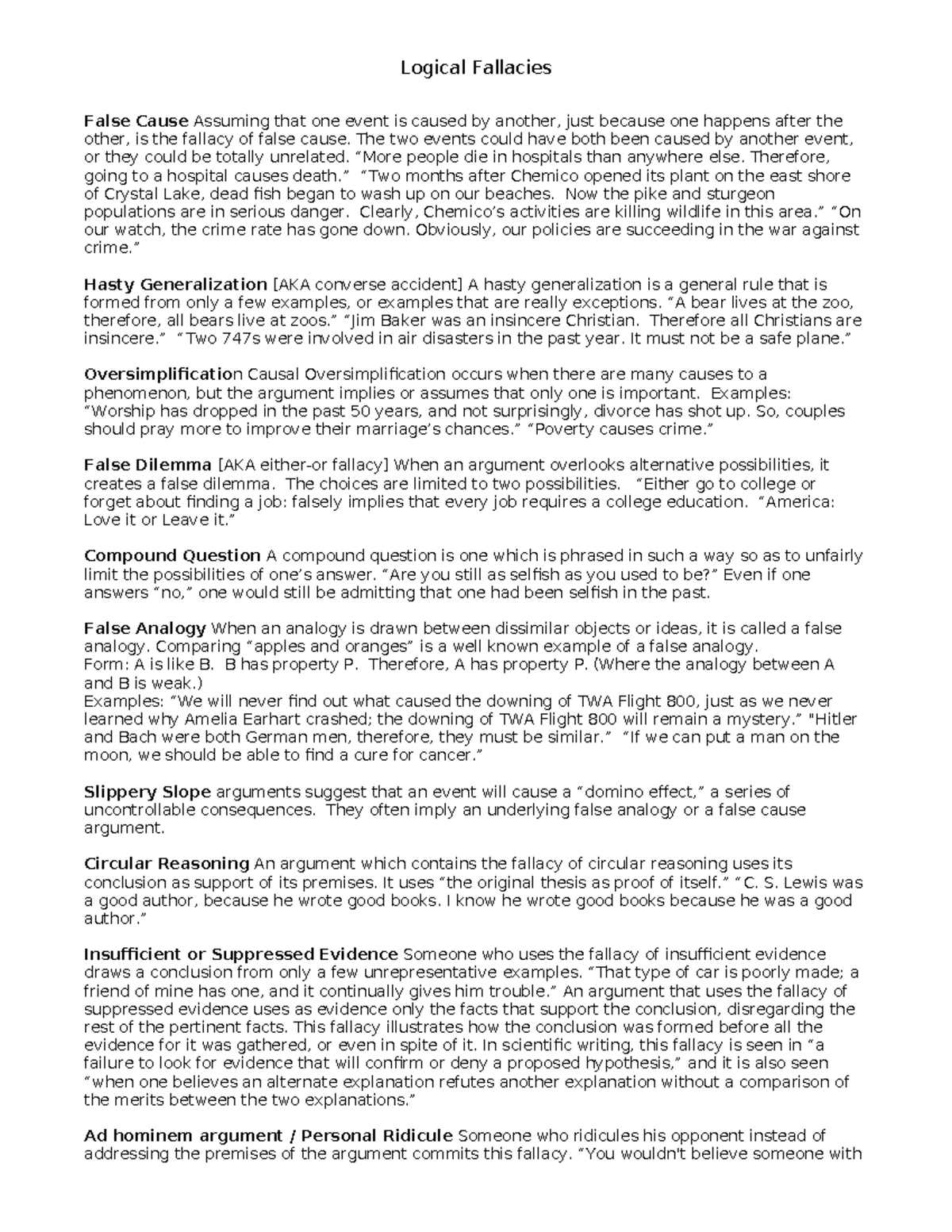 Logical Fallacies Handout: Understanding False Cause and More - Studocu